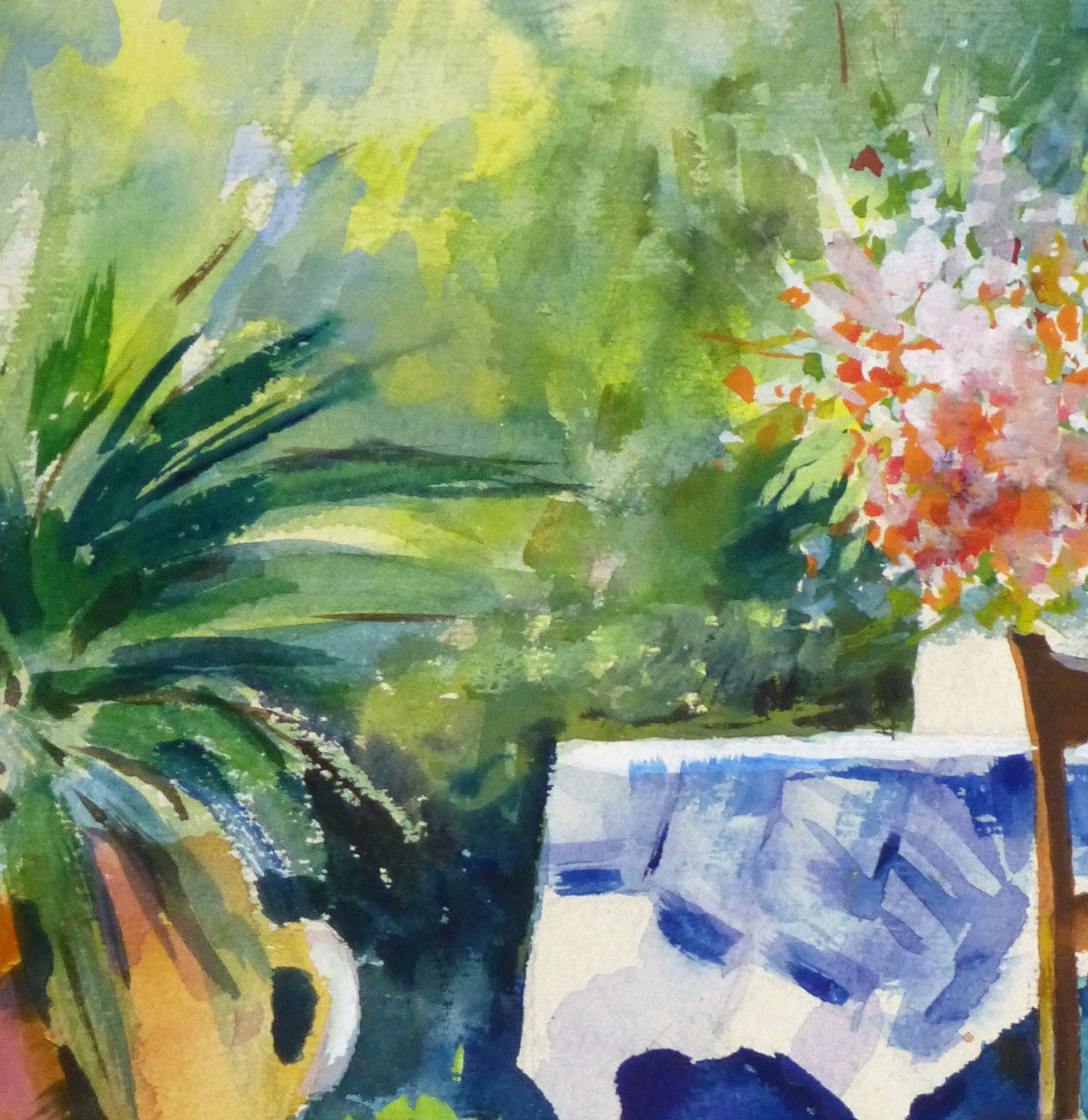 Watercolor Landscape - Garden Table - Original Art, Antique Maps & Prints