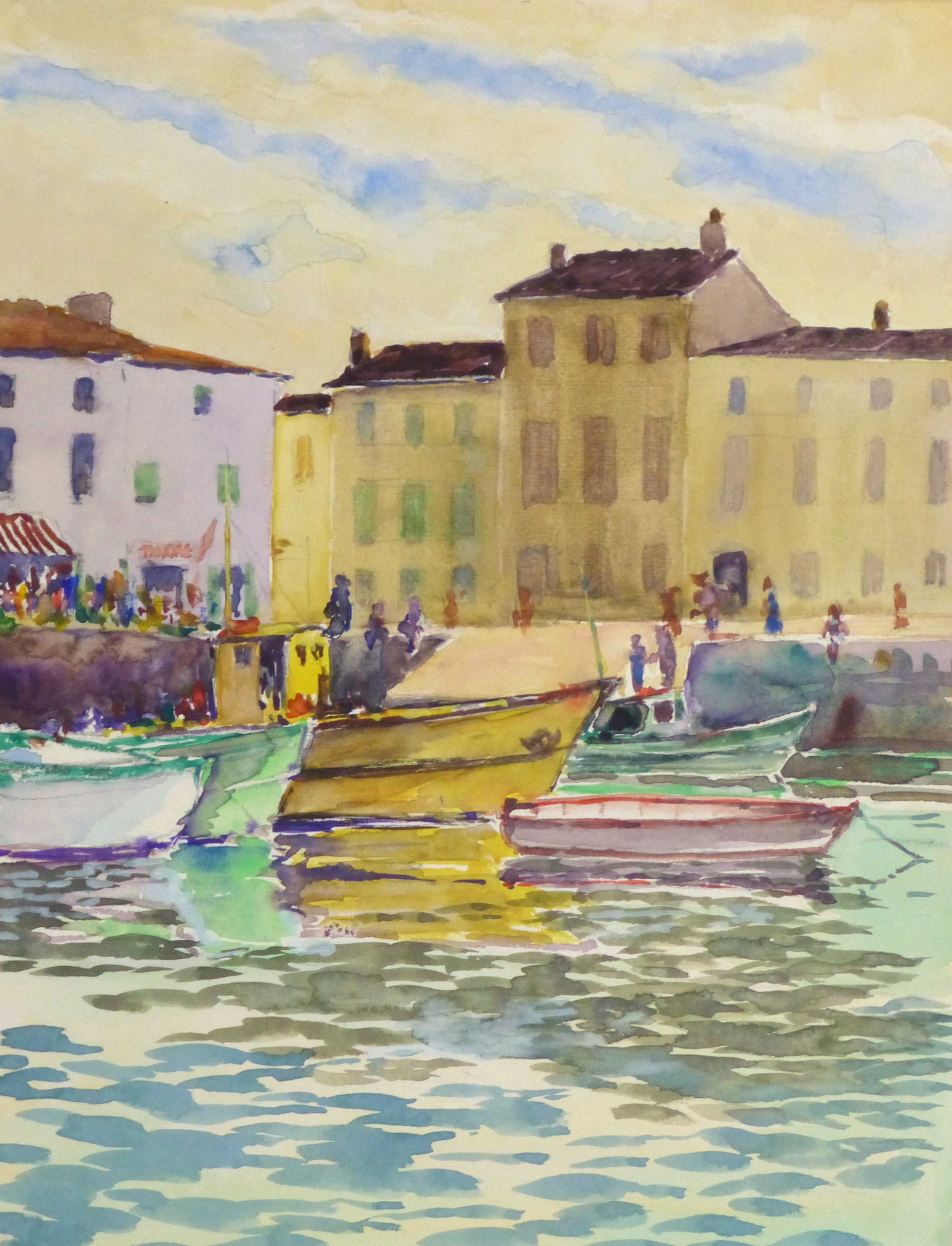 Watercolor Seascape - Evening Harbor - Original Art, Antique Maps & Prints