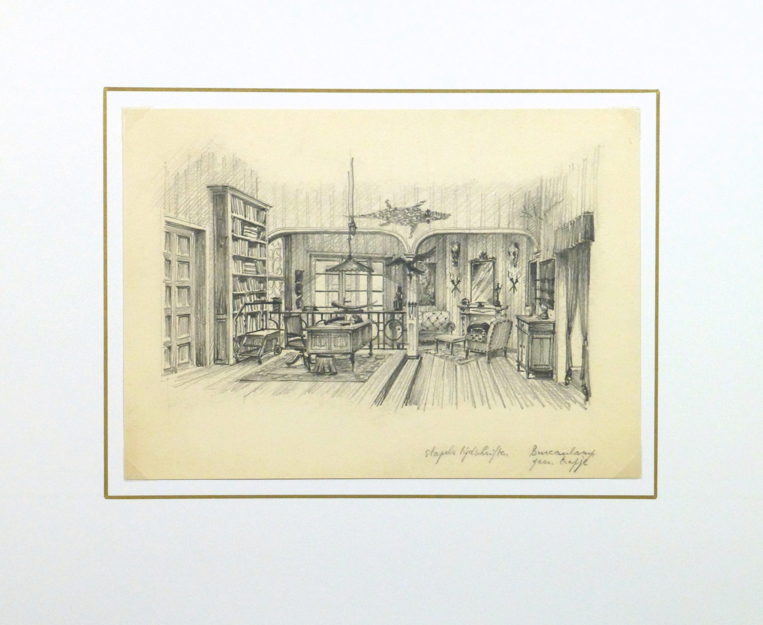 Pencil Drawing Private Library Interior, circa 1950