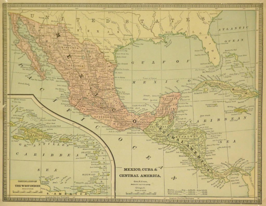 Mexico, Cuba & Central America Map, 1890 - Original Art, Antique Maps ...