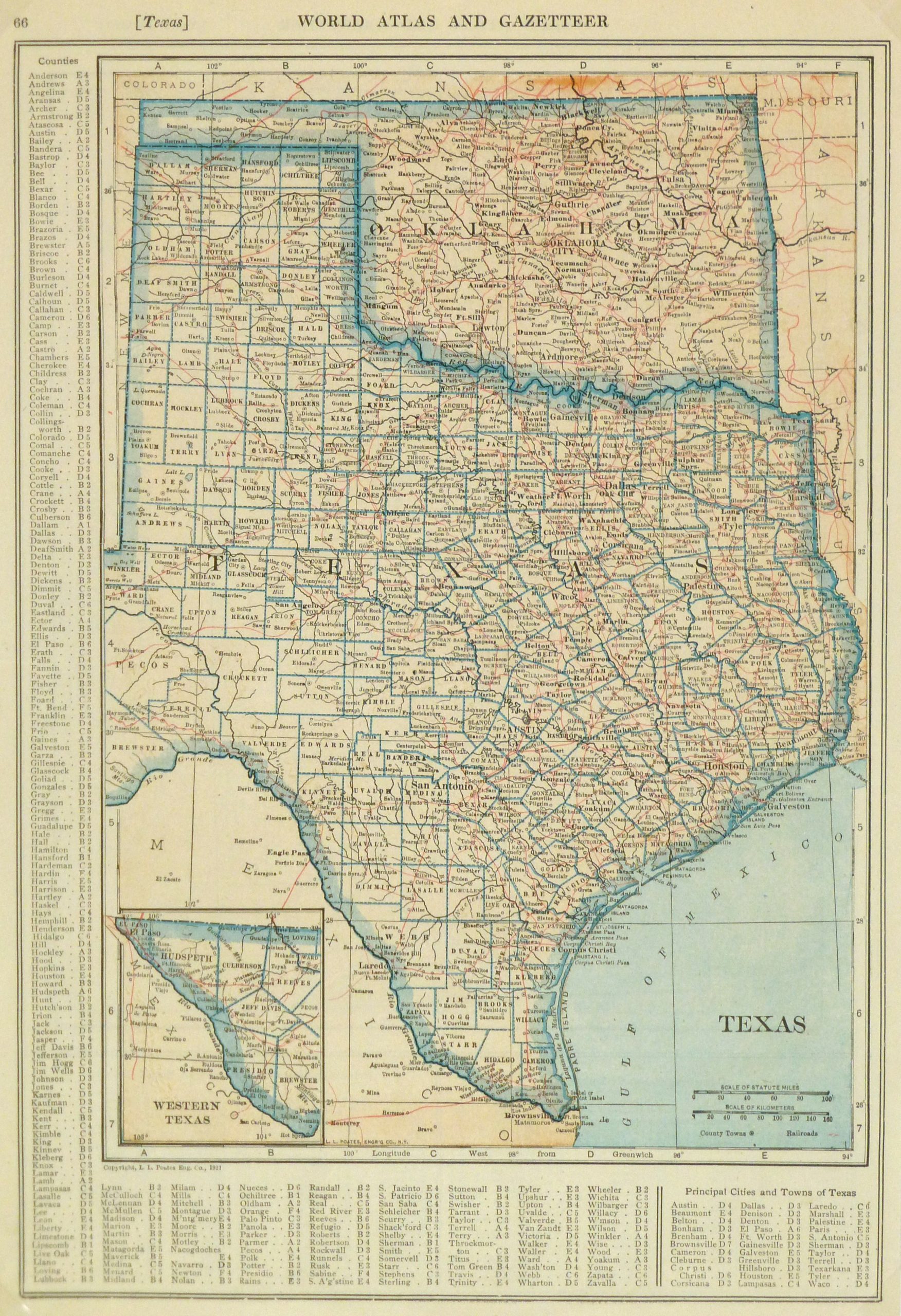 Texas & Oklahoma Map, 1921 - Original Art, Antique Maps & Prints