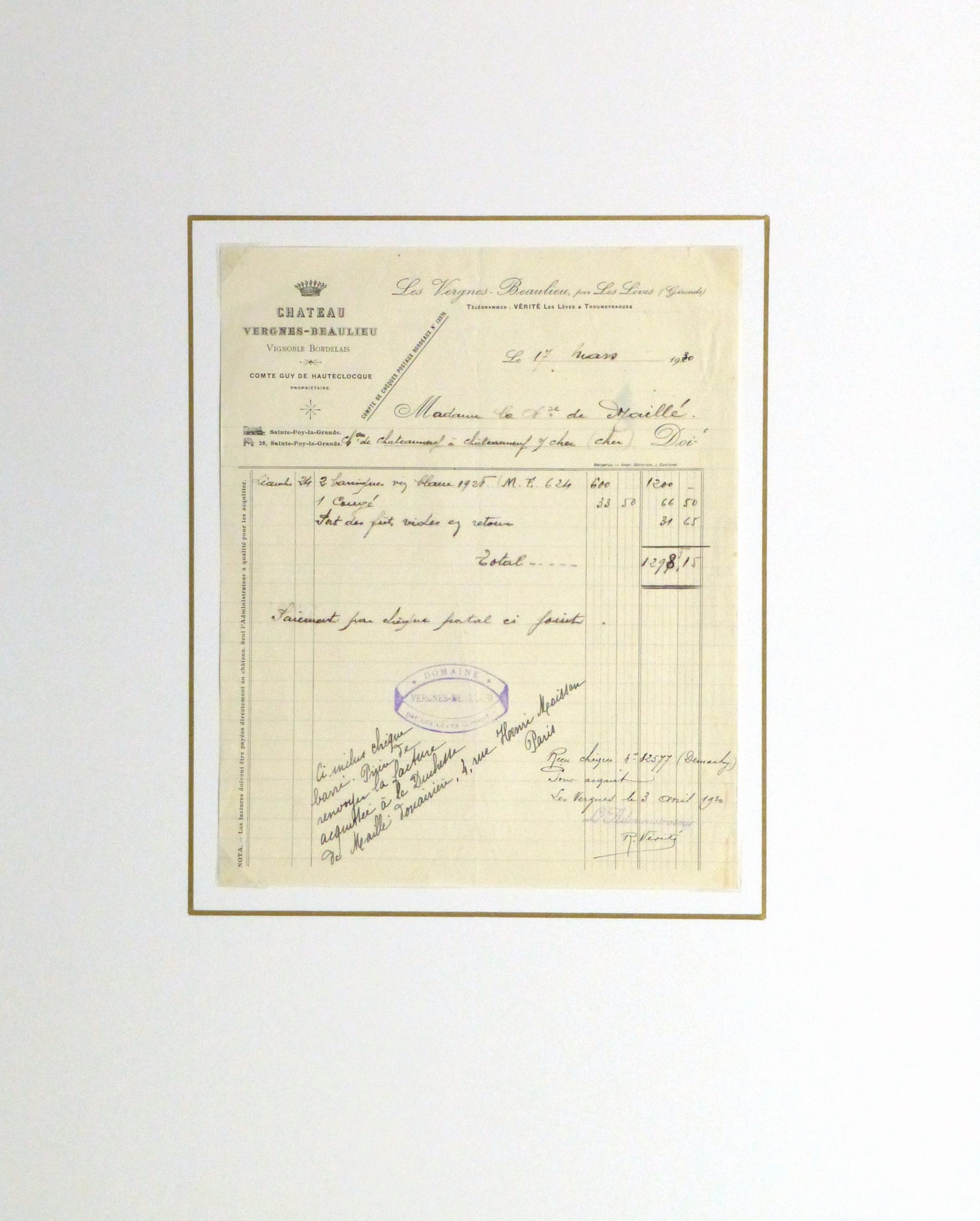 Duchess de Maillé Wine Receipts 1930