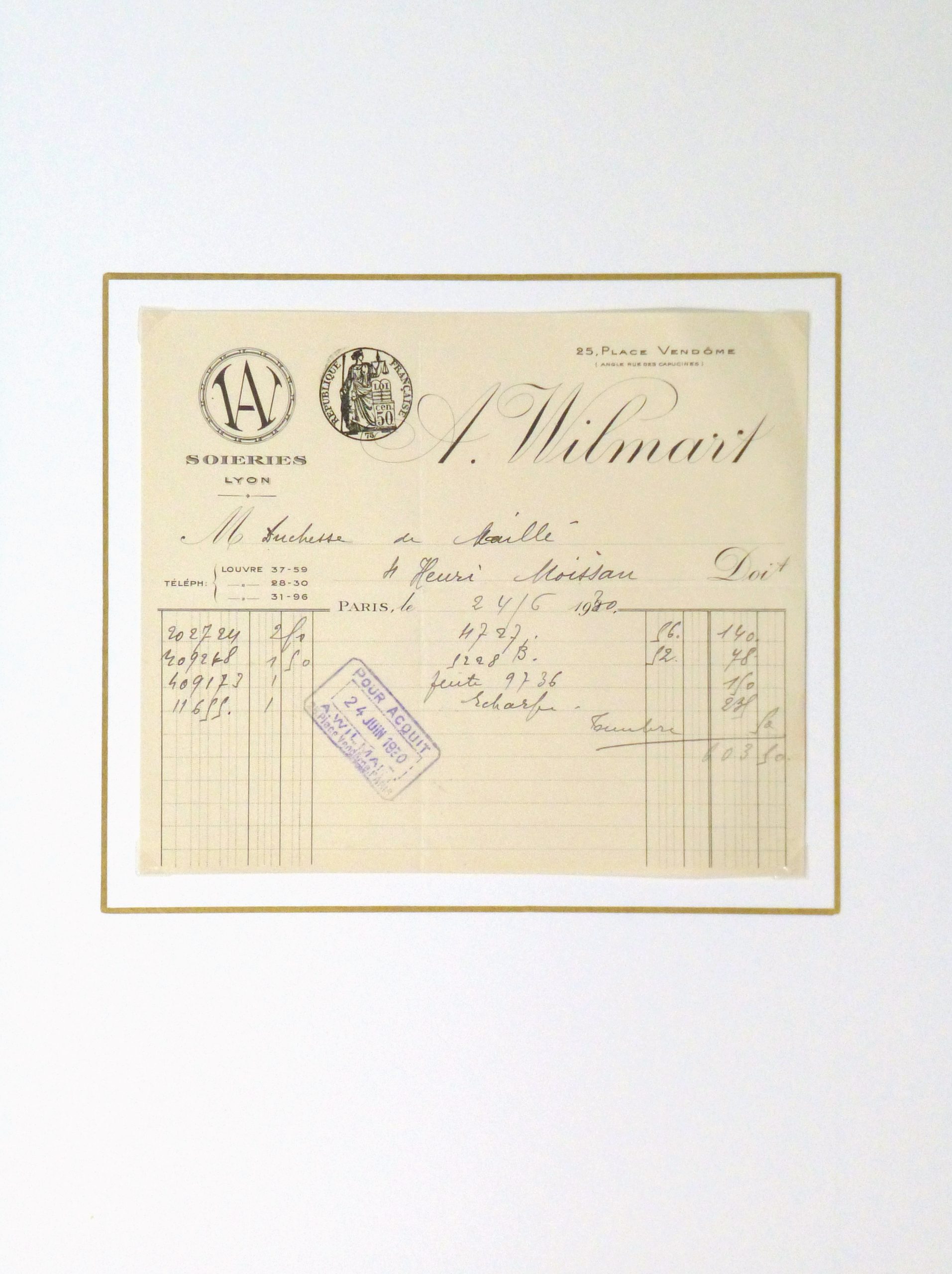 Duchess de Maillé Silks Receipt 1930