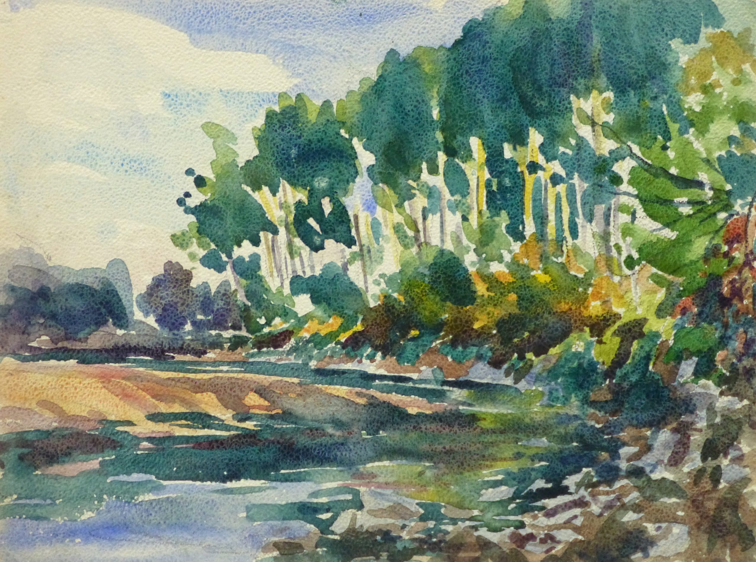 Watercolor Landscape - Winding River, Circa 1930
