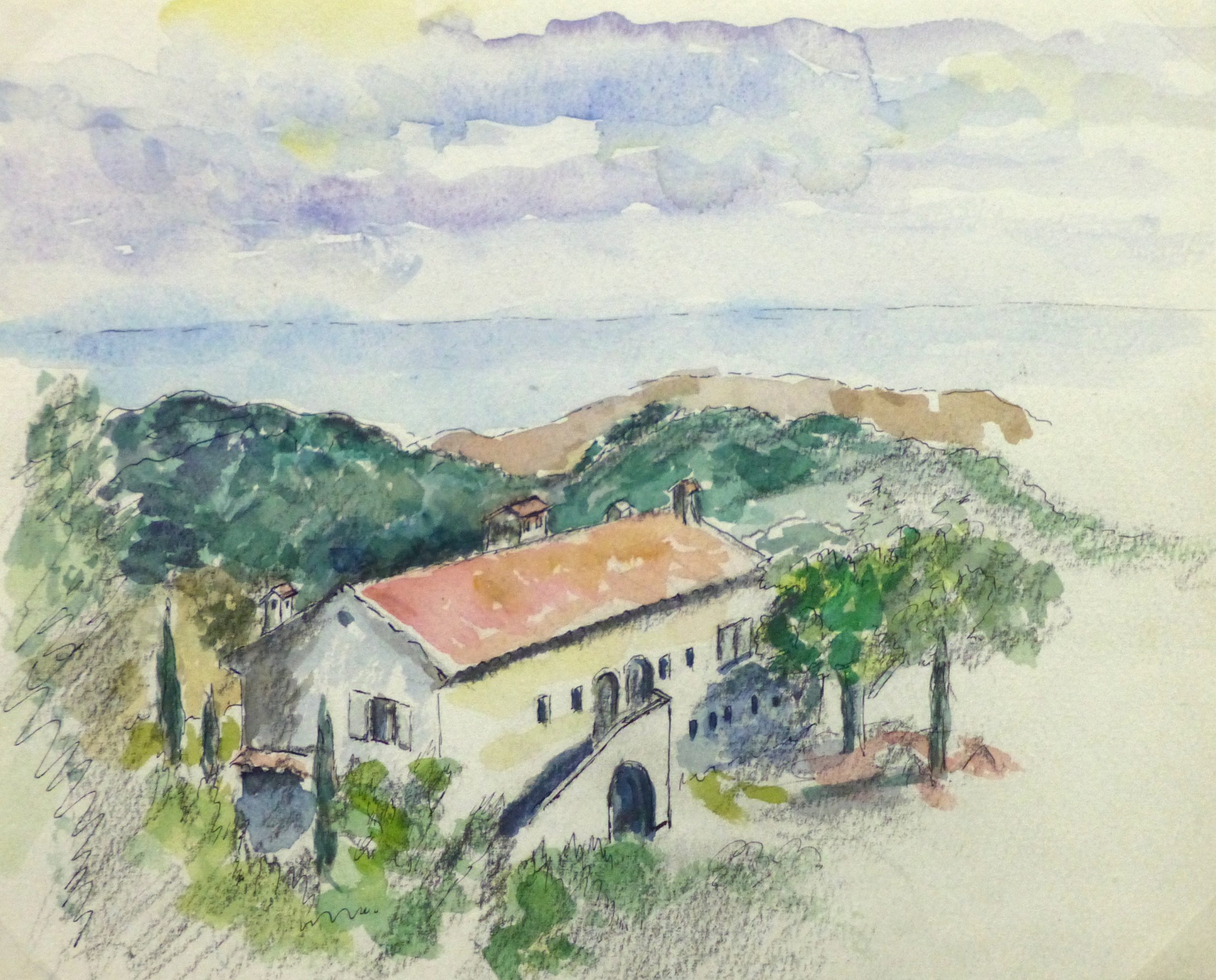 Watercolor Landscape - French Riviera, 1990s - Original Art, Antique ...