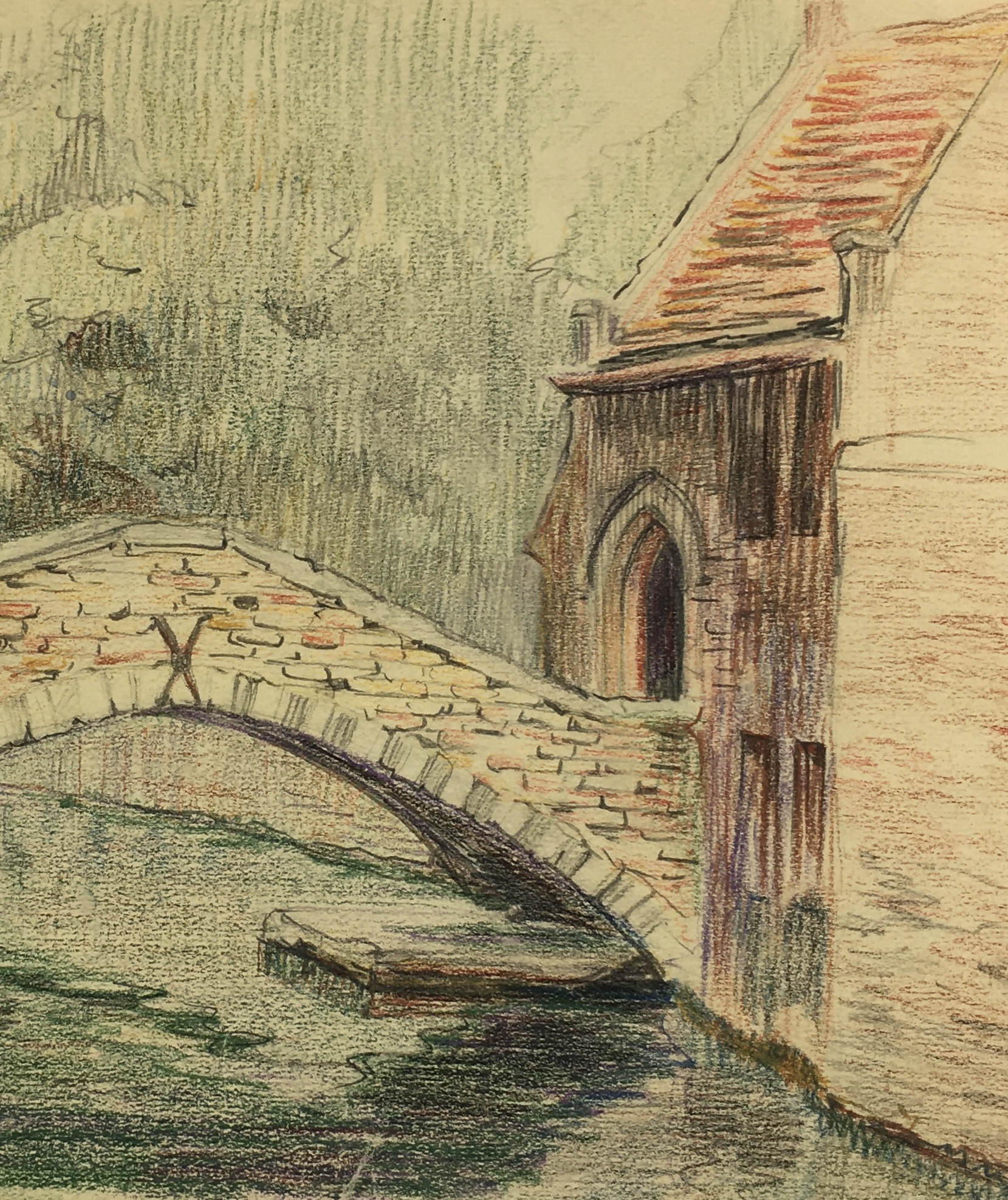 Places Drawings Original Art - Oil Pastel - Stone Bridge, c.1930 ...