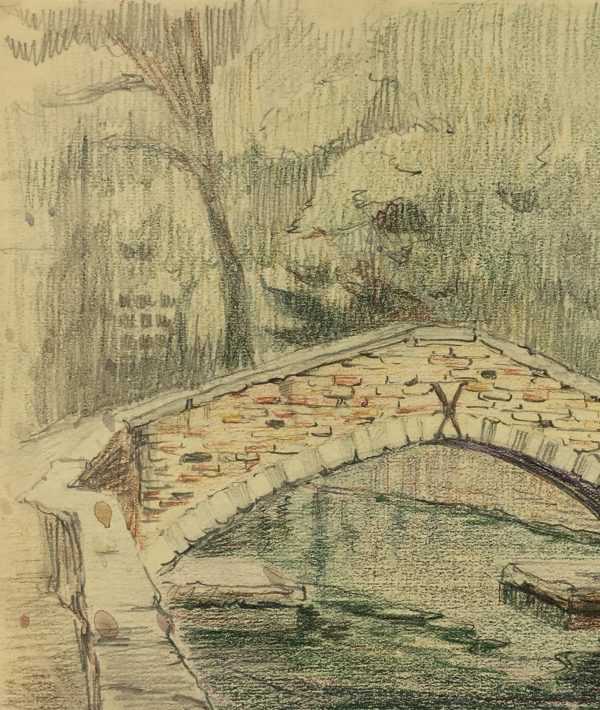 Places Drawings Original Art - Oil Pastel - Stone Bridge, c.1930 ...