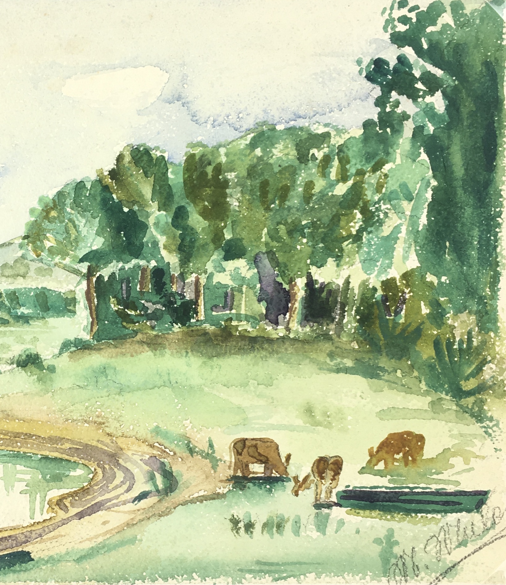 Landscapes Original Art - Grazing Lakeside, Signed, French, c. 1940 ...