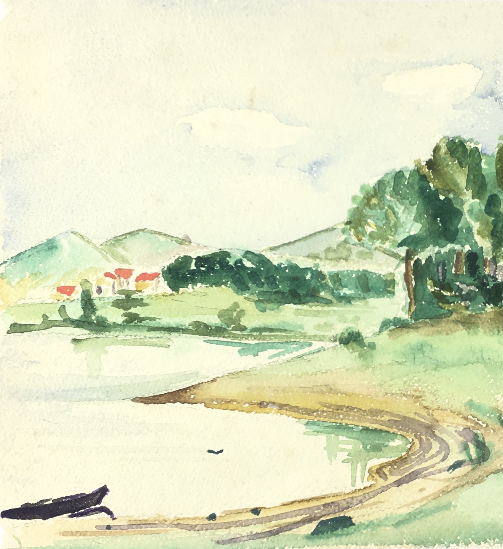 Landscapes Original Art - Grazing Lakeside, Signed, French, c. 1940 ...