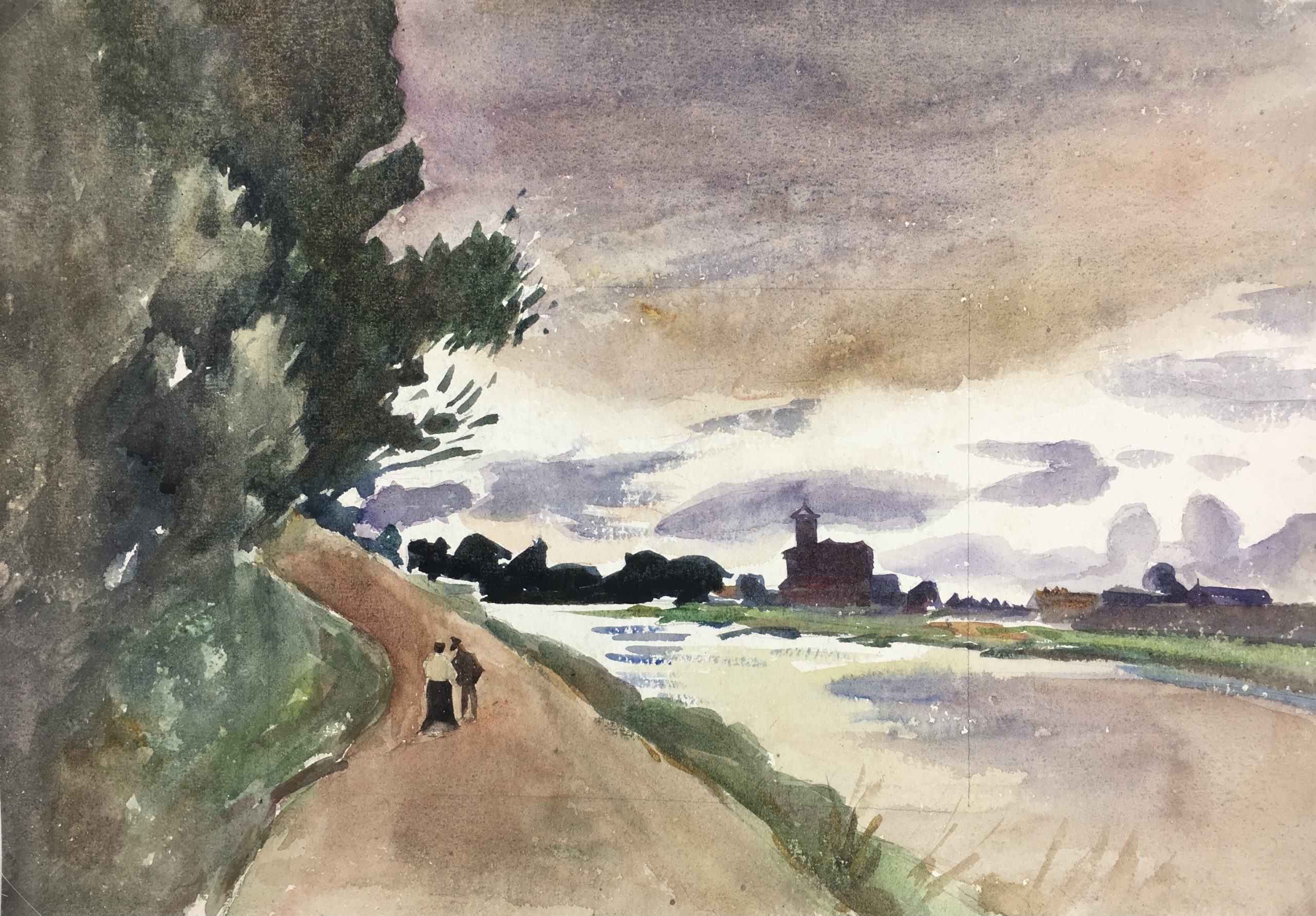 Rivers Original Art - Sunset Stroll, French , c. 1940 - Original Art ...